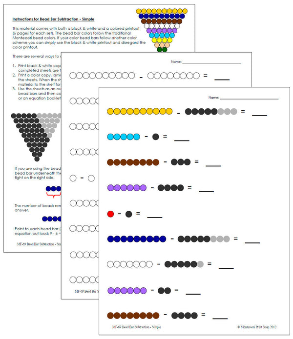 Montessori Bead Bar Subtraction (Simple) - Montessori Print Shop