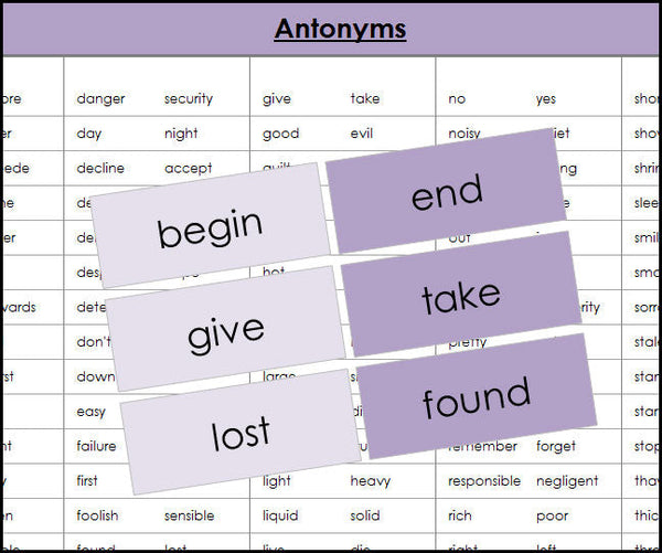 Antonym Word Cards (color) - Montessori Print Shop