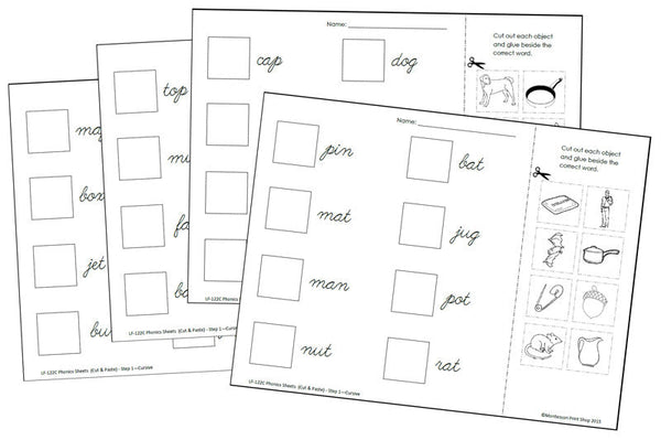Phonetic Words Cut & Paste Step 1 (cursive) - Montessori Print Shop